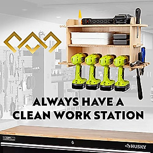 LampLighter Creations Power Tool Organizer & Drill Storage Rack - Cordless Charging Station Tool Organizer - Drill Holder Wall Mount - Easy Assembly 16.75x13x7” (Unfinished Pine)