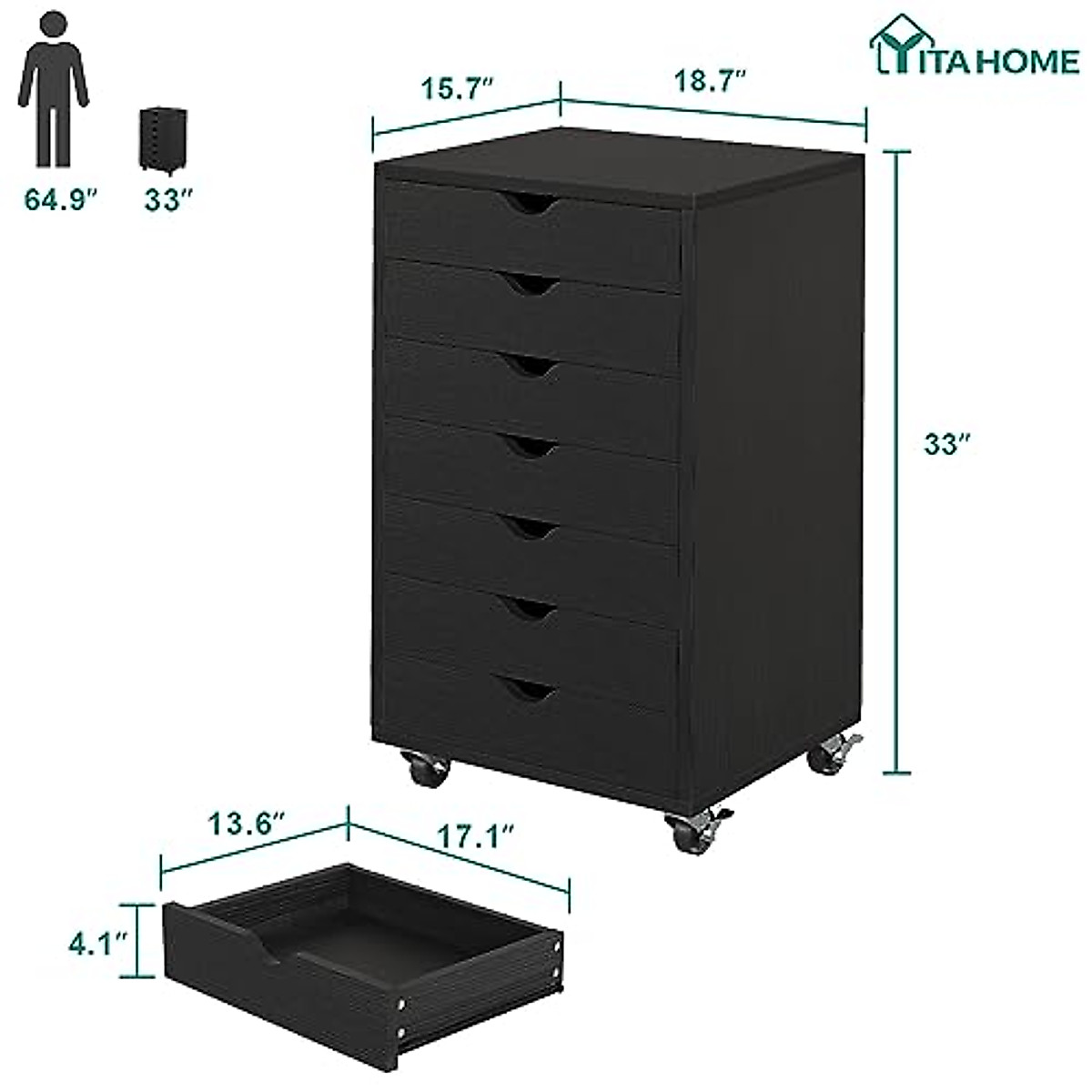 YITAHOME 7 Drawer Chest, Mobile File Cabinet with Wheels, Home Office Storage Dresser Cabinet, Black