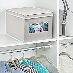 mDesign Large Fabric Stackable Closet Storage Organizer Box, Front Window/Lid for Bedroom, Office, Mudroom Organization, Hold Clothes, Blankets, Linens, Jane Collection, 4 Pack, Light Gray/White