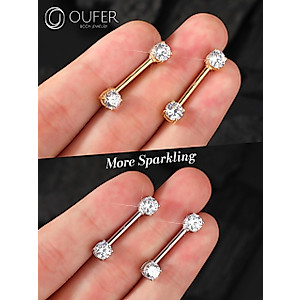 OUFER 2PCS Nipple Rings, 14K Solid Gold Nipple Piercing Jewelry, Clear CZ Nipple Piercing, 14G Nipple Barbells, Nipple Rings For Women Men