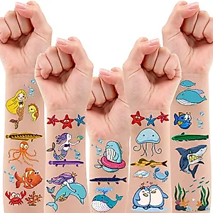 200 PCS Ocean Theme Temporary Tattoos for Kids, Beach Pool Under Sea Decorations Birthday Party Supplies Favors, Fake Tattoos Stickers With Mermaid Shark Tropical Fish Whale for Boys and Girls