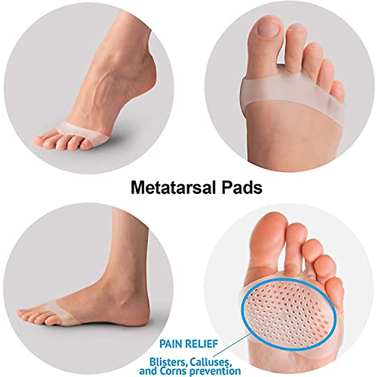 Metatarsal Pads Ball of Foot Cushions - Metatarsal Pads for Women and Men - Soft Gel Foot Pads Metatarsal Foot Forefoot Cushioning Foot Pain Relief -Bunion Corrector Cushion,Soft & Breathable-6 Pieces