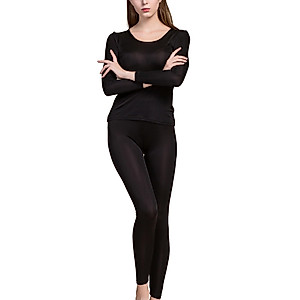 Grenasasilk Womens Silk Long Underwear Mulberry Silk Long Johns Silk Thermal Underwear Sets Cold Weather Base Layer (M, Black)