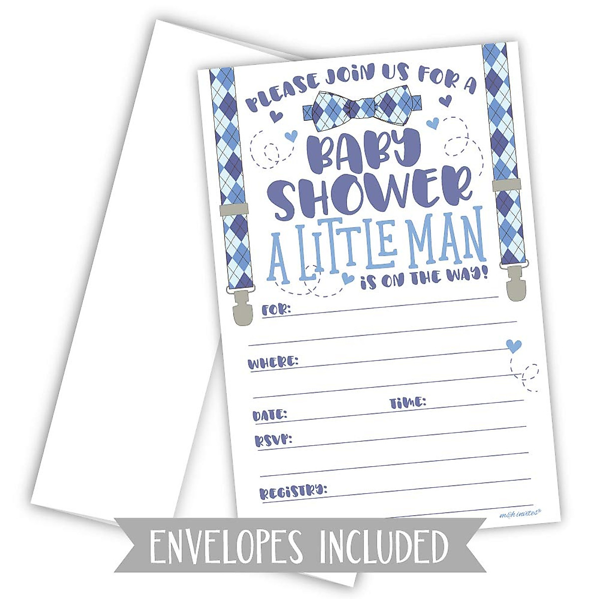 20 Count - Little Man Baby Shower Invitations for Boys - Envelopes Included
