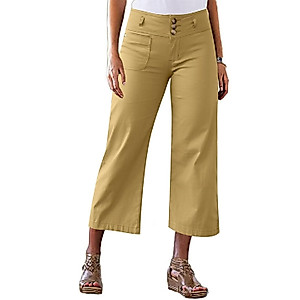 Flamingals Women's Solid Button Up Wide Leg Crop Jeans Low Waist Casual Pants Khaki