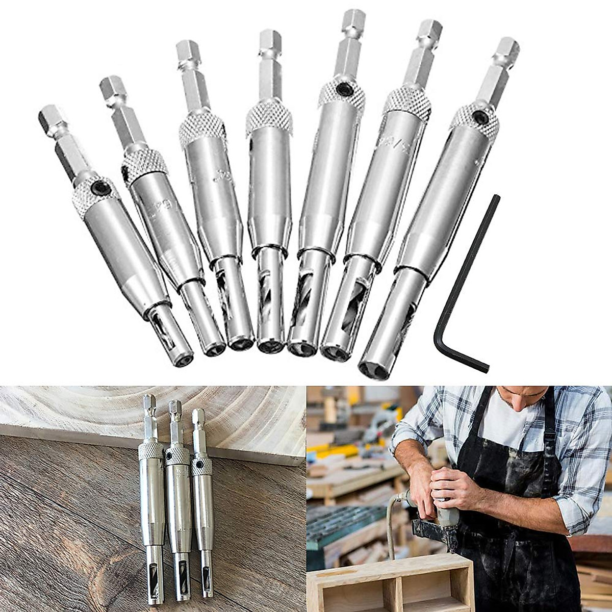 AFUNTA 8 pcs Center Drill Bit Set,Self Centering Hinge Tapper Core Hole Puncher Woodworking Tools for Cabinet Door 5/64'' 7/64'' 9/64'' 11/64'' 13/64'' 5mm 1/4'' with 1 pcs Hex key