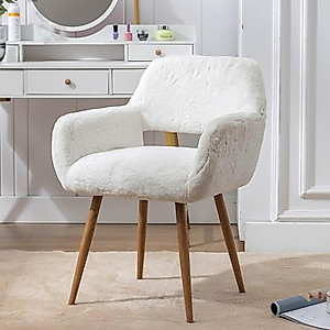White Faux Fur Desk Chair with Wood-Like Metal Legs,Furry Makeup Vanity Chair for Girls Women,Cute Kids Chair,Fluffy Home Office Chair Without Wheels for Living Room,Bedroom