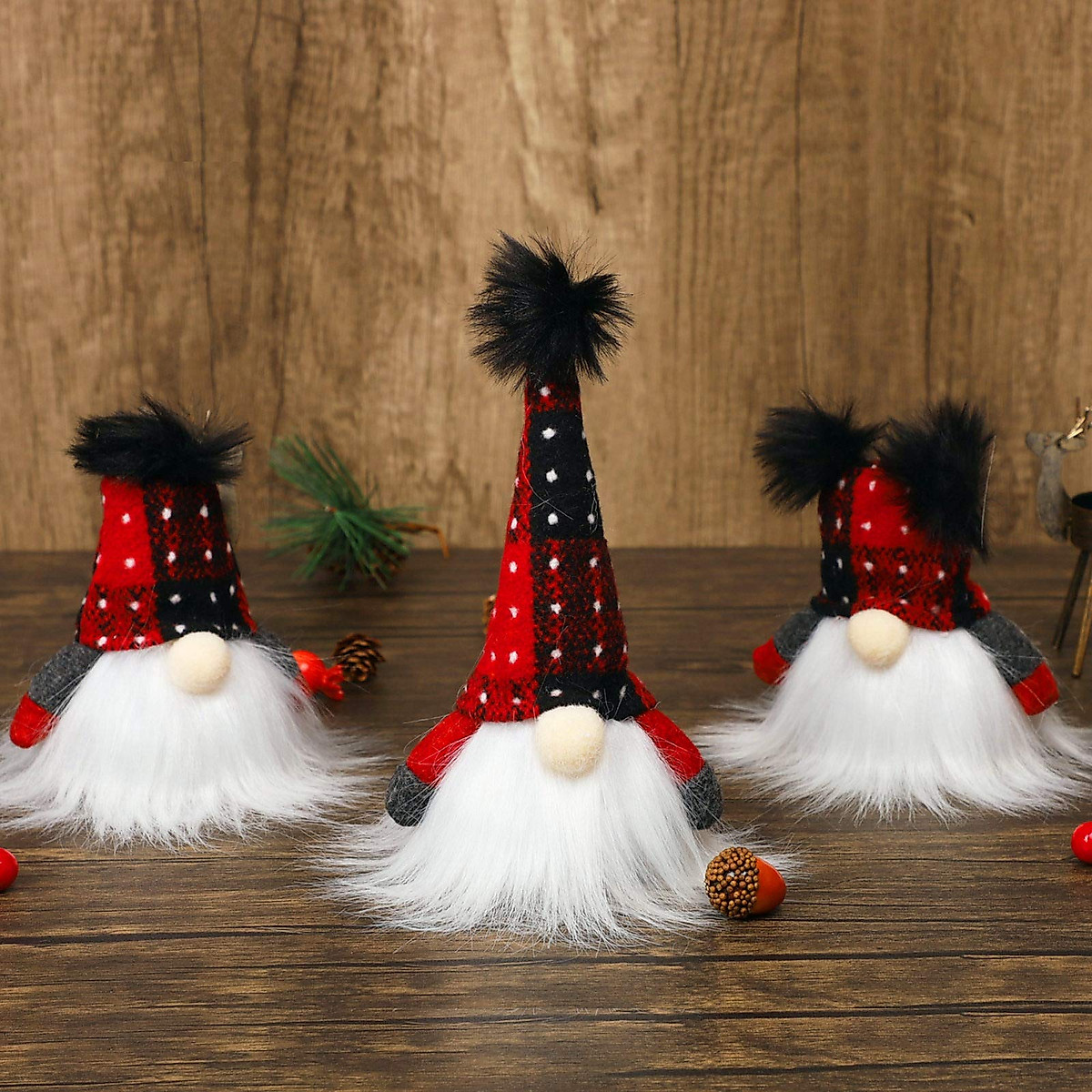 Juegoal 3 Pack Lighted Christmas Gnome, Handmade Plush Mini Scandinavian Swedish Tomte, Battery Operated Winter Tabletop Christmas Decorations