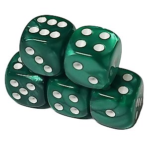 Set of 5 Deluxe Marbleized Green Standard Dice 12mm White Spots in Snow Organza Bag