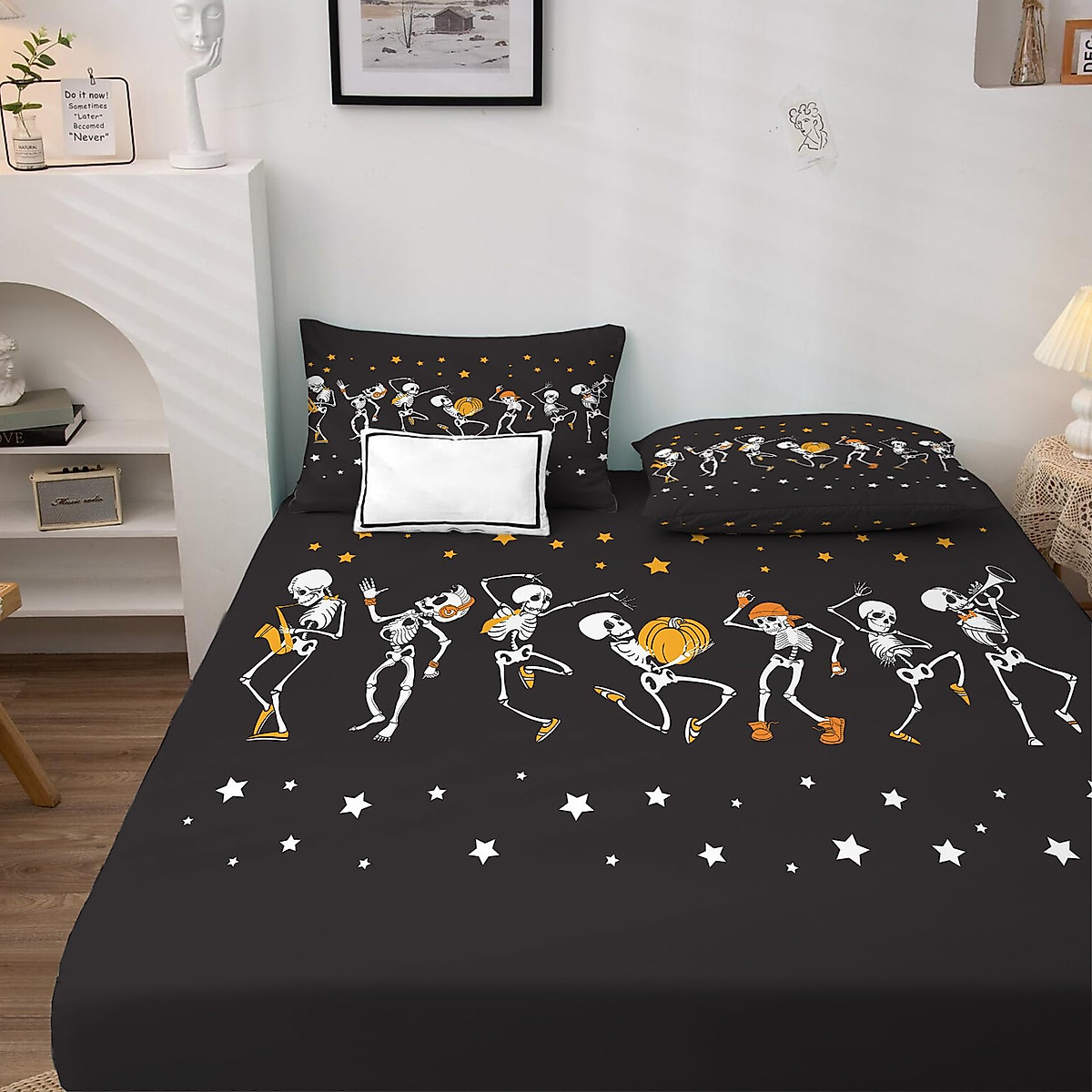 Skeleton Sheets Full Size, Halloween Bed Sheets, Patterned Bedding Sheets & Pillowcases 4 Piece Set - Soft Microfiber Deep Pocket Fitted Sheet & Flat Sheet & 2 Pillow Cases Z8-&-112