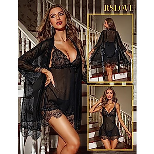 RSLOVE Women Sexy Lingerie Set 3 Piece Babydoll & Lace Kimono Robe Strap Chemise Sleepwear Mesh Nightgown Black M