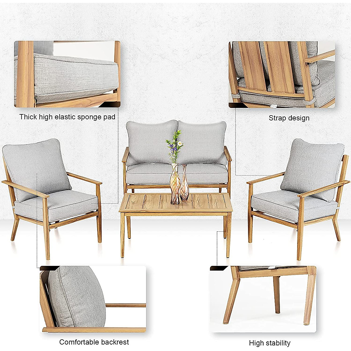 SUNCROWN 4-Piece Outdoor Patio Sofa Furniture Set Heavy Duty Conversation Set, Metal Frame Armchairs Loveseat Set with Grey Cushions and Coffee Table, Grey