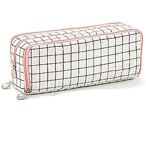 Wangyiqian Pencil Pen Case Multi Compartments Pen Bag Pouch Holder Large Capacity Square Grid Cosmetic Bags Organizer Girls Boys Adults Teen Double Window