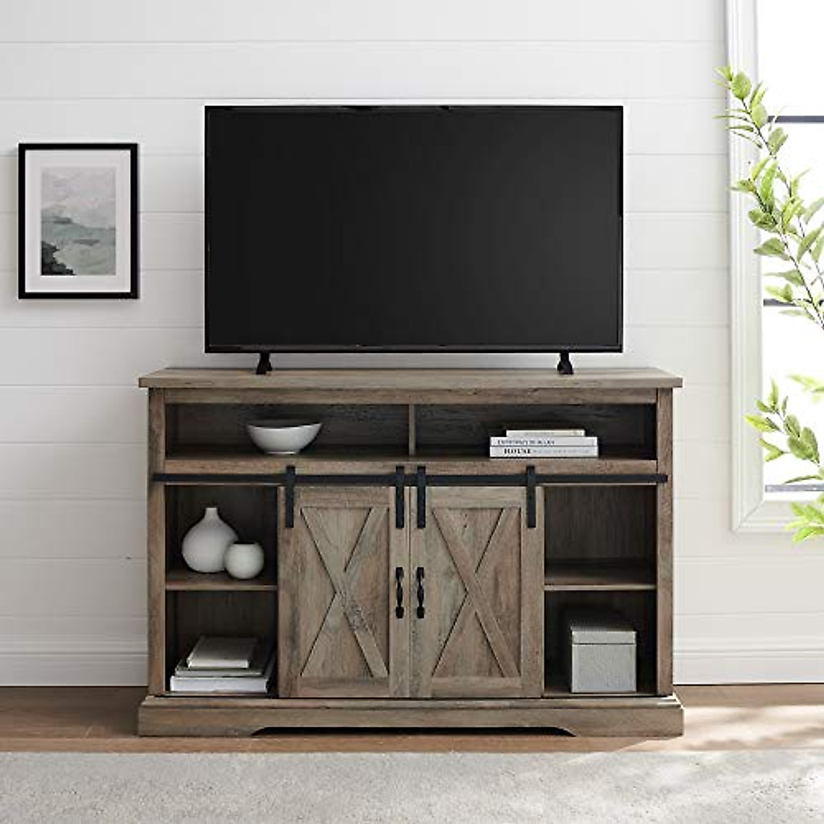 Walker Edison Clayton Farmhouse Sliding Double Barn Door TV Stand for TVs up to 58 Inches, 52 Inch, Grey Wash