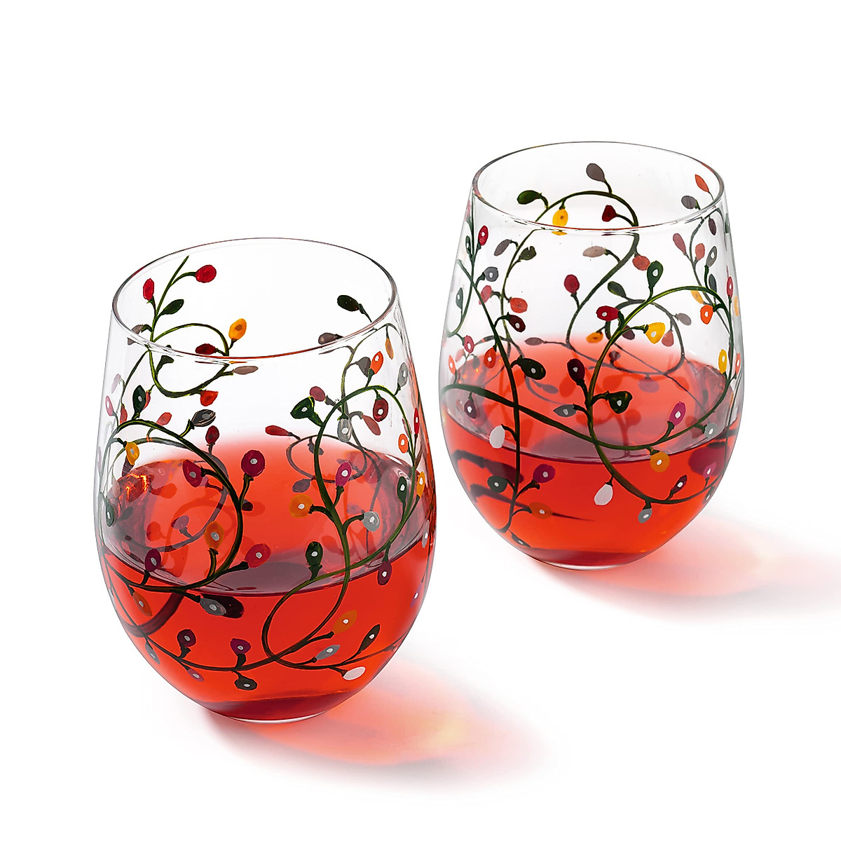Themed Lights Stemless Wine & Water Glasses - Artisanal Hand Painted Ornament Light Bulbs Glasses - Xmas Tree - Set of 2, 17.5oz - Santa Festive Theme Stemless Glass