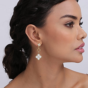 LeCalla 925 Sterlings silver Mother of Pearl Long Drop Earrings | 14K Gold-Plated CZ Three Clover Flower Drop Dangle Earring Mother's Day Gift for Women