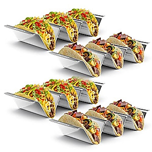 Taco Holder, Taco Stand, Taco Holders Set of 4, Stainless Steel Taco Rack with Handles, Each Metal Taco Tray Plates Holds Up to 2 or 3 Hard or Soft Taco Shells, Oven Grill and Dishwasher Safe