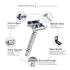 BAILI Butterfly Open TTO Double Edge Metal Safety Razor Wet Shaving Kit for Men Women with Platinum Blade and Mirrored Travel Case BD179
