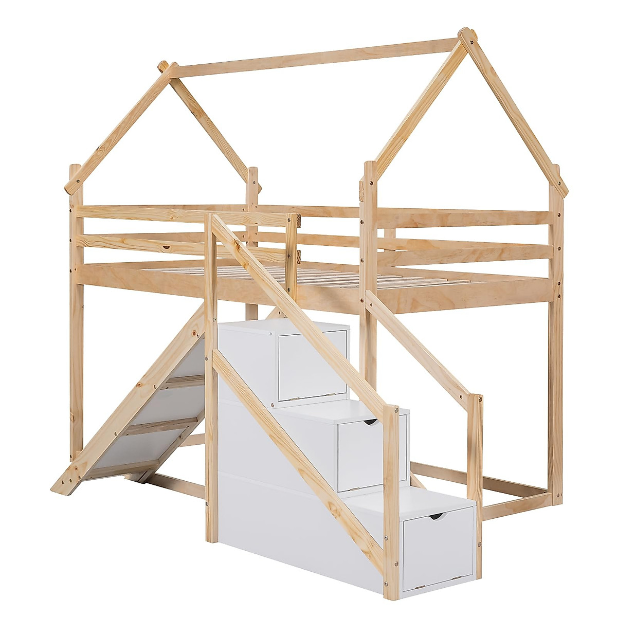 Harper & Bright Designs Twin Over Twin Bunk Bed with Slide and Staircase, House Bunk Bed for Kids, Wood Loft/Bunk Bed Frame with Storage for Kids Teens Boys Girls, (Natural)