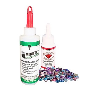 Mighty MENDIT™, Permanent Fabric Adhesive, Flexible Stretchable Washable, Clear, 4 oz, Plus Mighty GEMIT™, Embellishing Adhesive, 1 oz. Includes 50 Gems