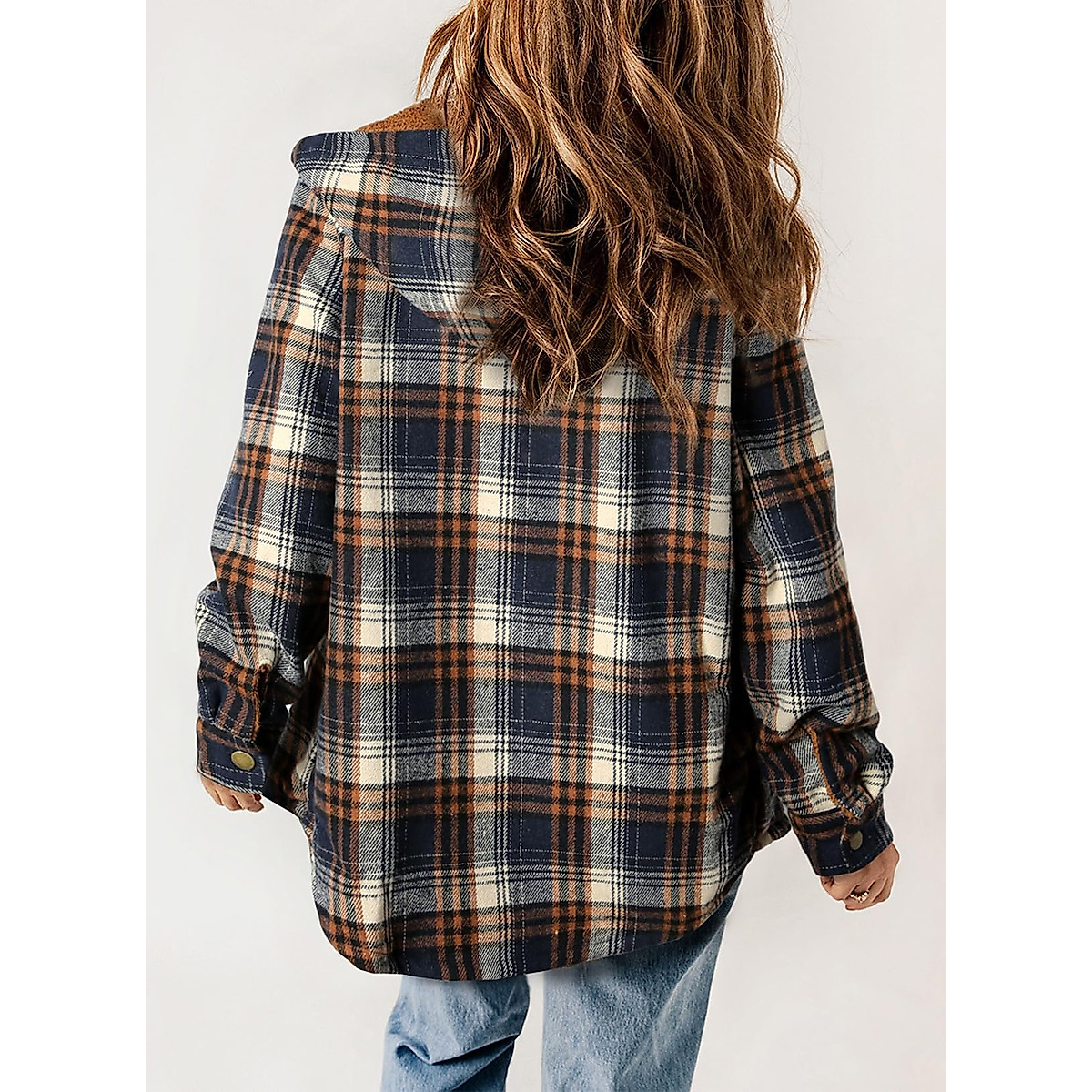 Dokotoo Hooded Shacket Jacket Women Fashion Plaid Flannel Shirts Fleece Lined Long Sleeve Button Up Jackets Sherpa Fuzzy Thick Coats Vintage 2024 Fall Warm Winter Oversized Coat Outwear Blue S