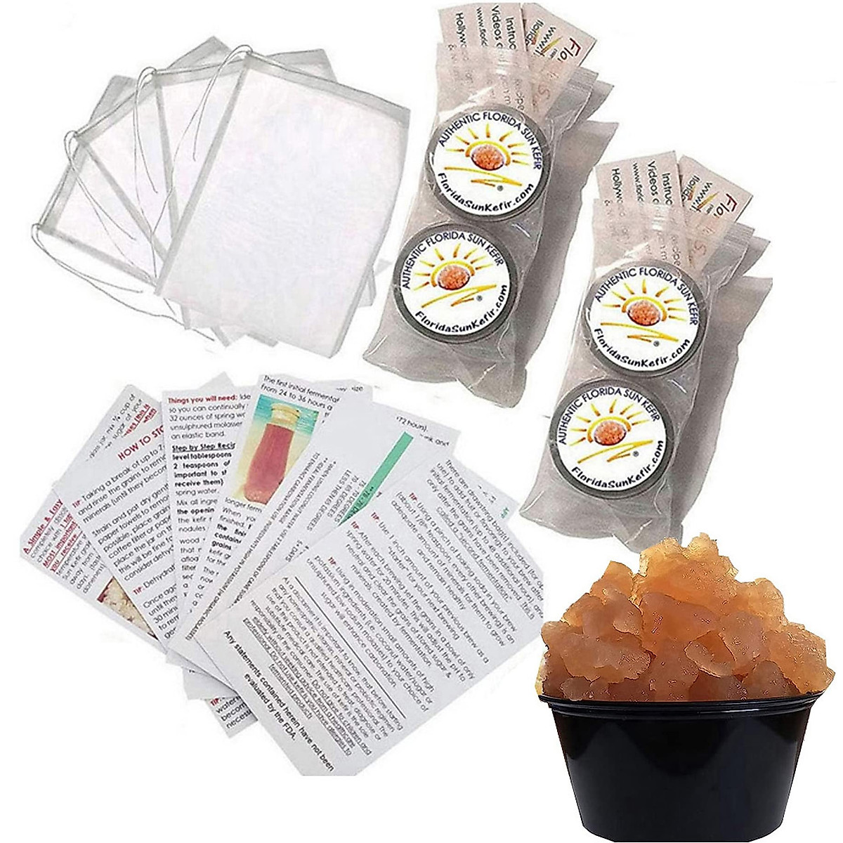 (4) PORTION Cups of Live Florida Sun Kefir Water Kefir Grains Natural Probiotics (6) SIX BREWING BAGS INCLUDED