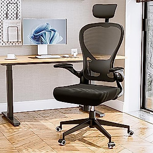 Frylr Ergonomic Home Office Desk Chair with Flip-up Arms and Headrest - Perfect for Big and Tall Users/Adjustable Lumbar Support/450 lbs Heavy Duty Office Chair（Black）