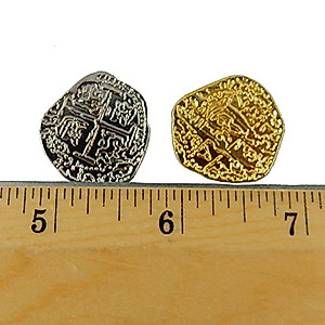 Beverly Oaks ONE (1) Pirate Booty Pouch Filled with 1/2 Pound Pyrite and 15 Metal Pirate Treasure Coins - Shiny Gold and Silver Doubloon Replicas