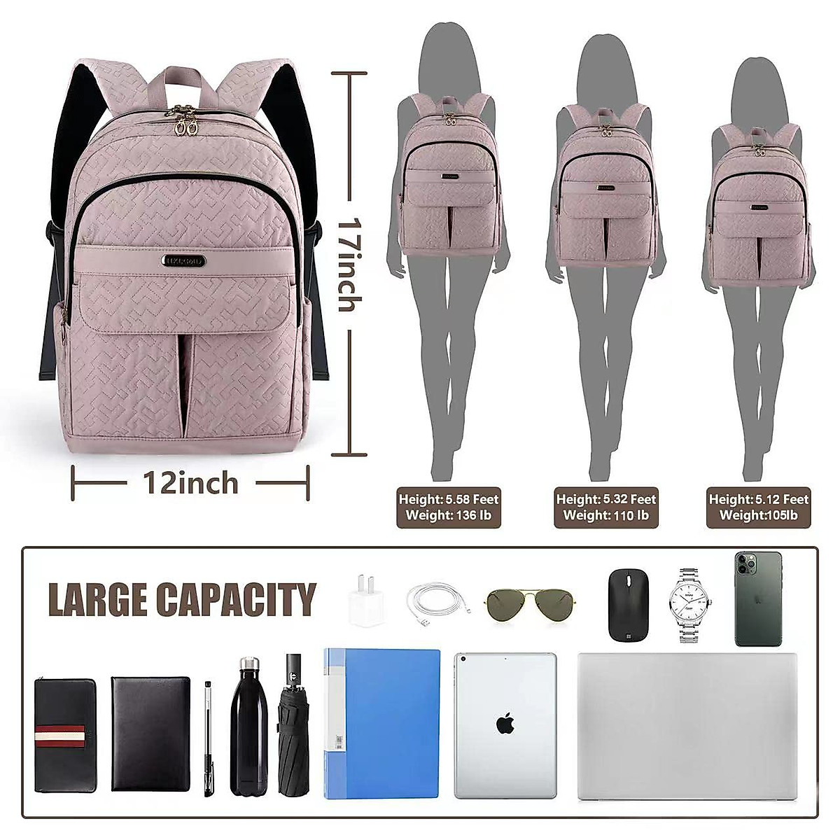 Laptop Backpack for Women Travel Backpack HXLGMD 17 Inch Computer Bags College School Bookbags with USB Charging Hole,Large Capacity Computer Backpacks for Work Business, Pink