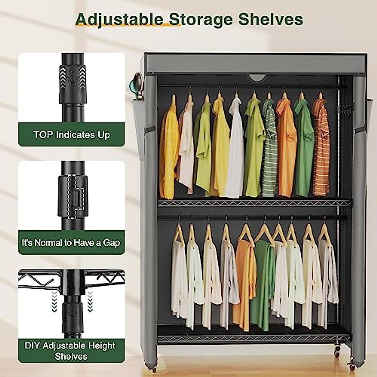 LEHOM G1C Heavy Duty Clothes Rack with Cover, Rolling Garment Rack for Hanging Clothes, Portable Closets with Oxford Fabric Cover, Freestanding Clothing Rack on Wheels, Storage Wardrobe for Bedroom
