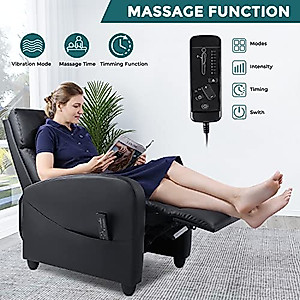 SMUG Recliner Chair for Adults, Massage PU Leather Recliner Sofa for Living Room, Adjustable Home Theater Seating with Padded Seat Backrest, Small Reclining Chair for Small Space (Light Black)