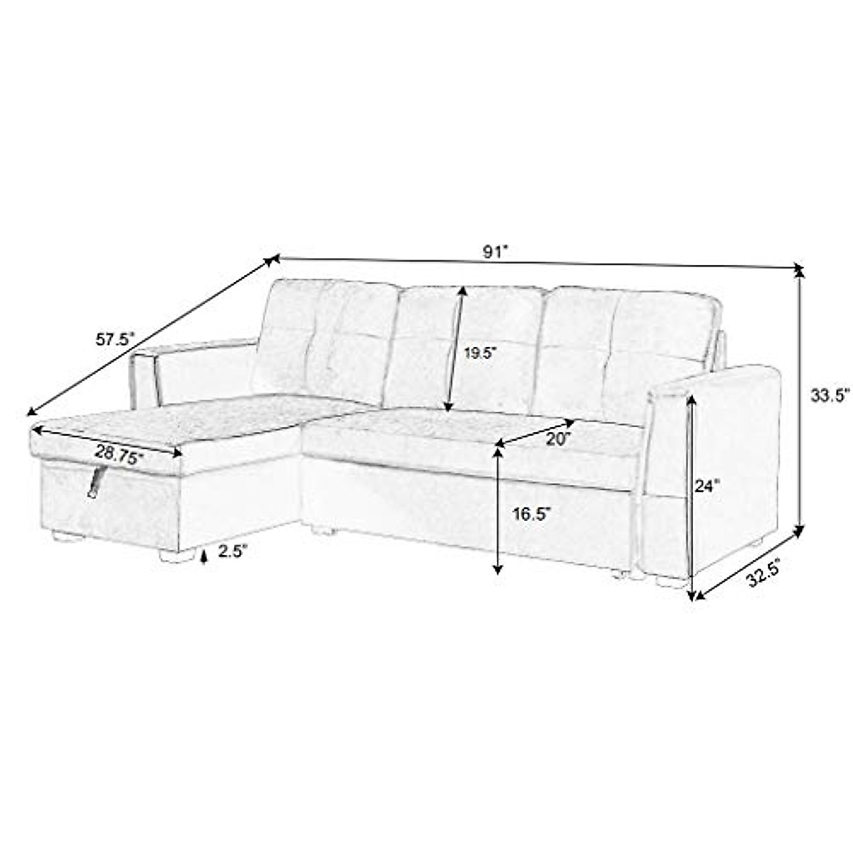 Legend Furniture Velvet Chaise Storage Reversible Sofa Bed Sleeper Sectional, 91", Grey