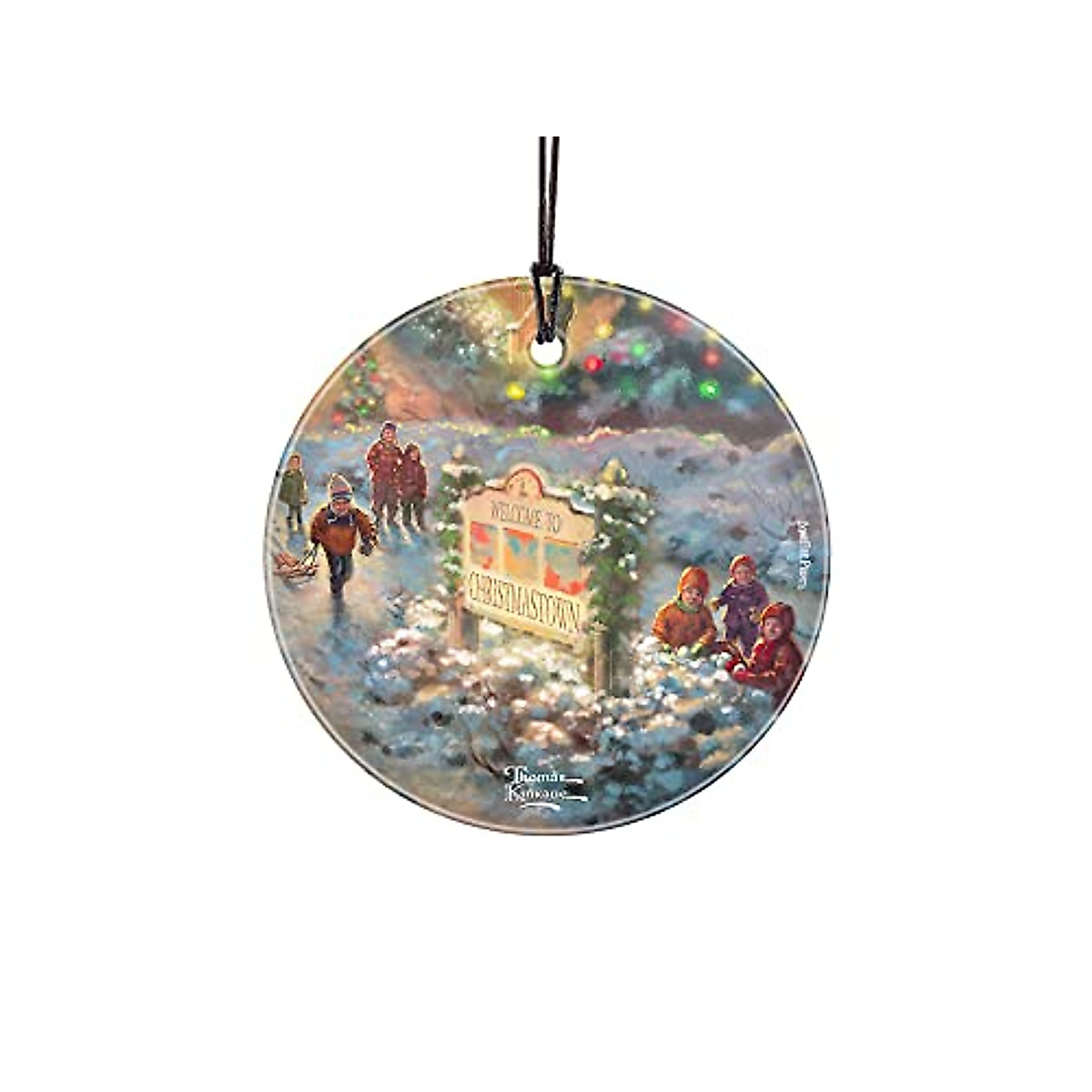 Thomas Kinkade - The Lights of Christmastown – Children Snow Day - 3.5” Starfire Prints Hanging Glass Print Accessory – Officially Licensed Collectible | Complimentary Velveteen Gift Bag