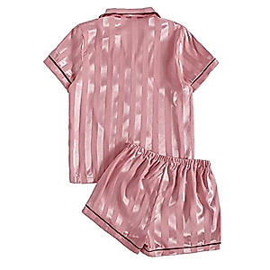 Umenlele Women's Silky Satin Striped Pajamas Short Sleeve Top with Shorts Sleepwear PJ Set Pink Small