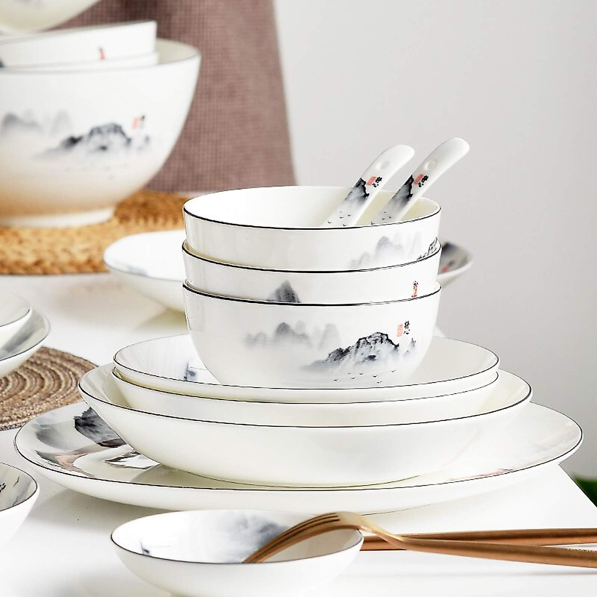 GagalU Stylish Dinner Plates,Ceramics Dinnerware Sets, Landscape Painting Pattern Porcelain Cereals Bowls/Steak Plates/Soup Pot | 48 Pieces Bone China Dinner Combination Set