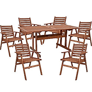 Sunnydaze 7-Piece Meranti Wood with Teak Oil Finish Long Patio Dining Table and Chairs Set - Modern Comfortable Outdoor Dining - Patio, Deck, Front Porch, Poolside or Balcony