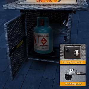 60000 BTU Wicker Gas Fire Pit Outdoor Fire Pit Table 45 Inch Fire Pits for Outside with Woodgrain Marble Tabletop Fire Pit Cover and Blue Crystal Beads