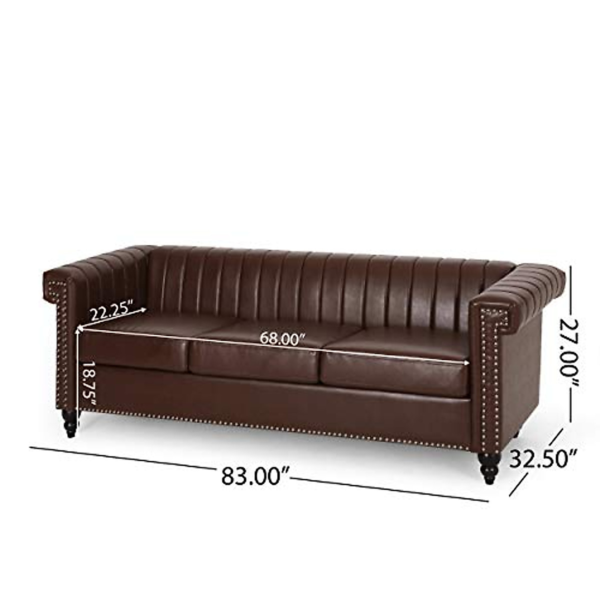 Christopher Knight Home Drury Channel Stitch 3 Seater Sofa with Nailhead Trim - Dark Brown