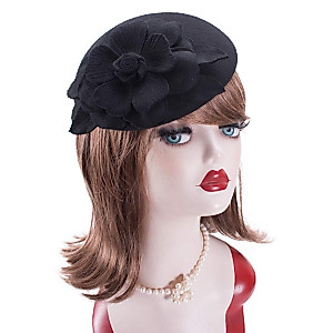 Lawliet Flower Womens Dress Fascinator Wool Pillbox Hat Party Wedding A083 (Black)