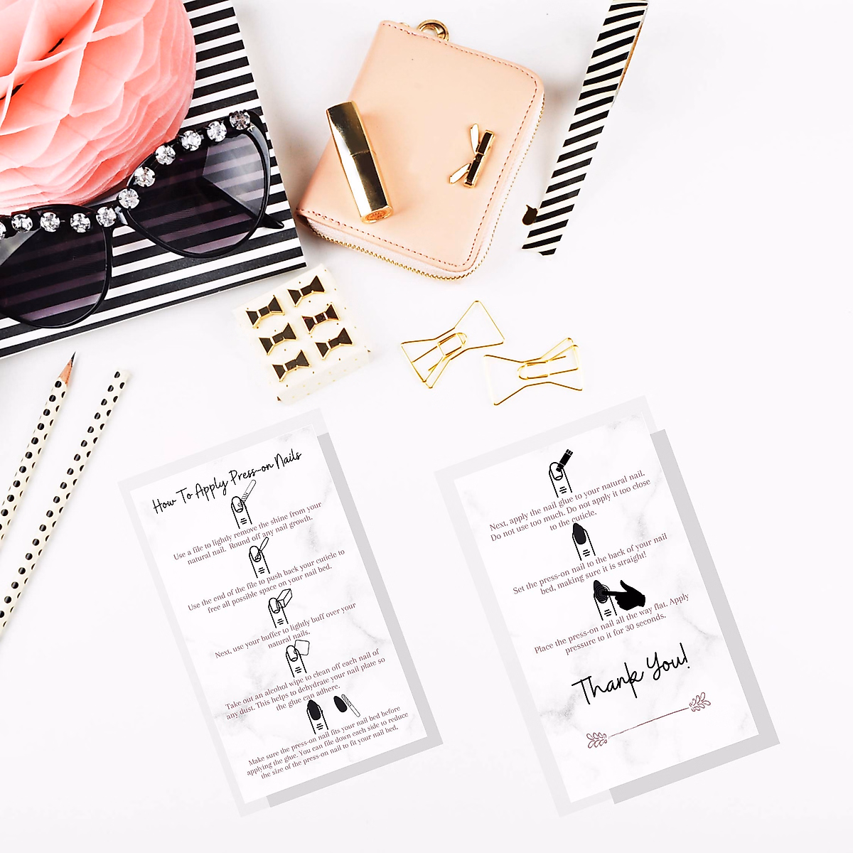 Press-On Nail Application Instructions Cards | 50 Pack | 2x3.5" inch Business Card Size | DIY Press-On Nail Kit | Marble with Rosey Gold Design