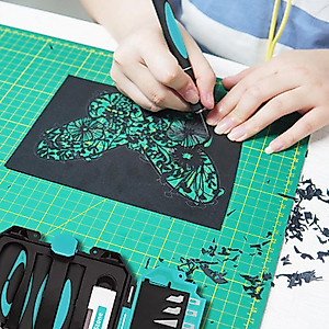 MANUFORE 34pcs Large Exacto Knife Set Blue Deluxe Craft Precision Knife Set Include 3pcs Craft Knives with Anti-Slip Rubber Grip, 25pcs Different Blades, 2pcs Needles, Sharpening Stone, Screwdriver