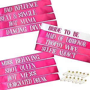 12 PCS Bachelorette Sashes Set, Bride to Be Team Bride Sash Maid of Honor Bridesmaid Sash for Bridal Shower and Hen Party Decorations Favors, Hot Pink