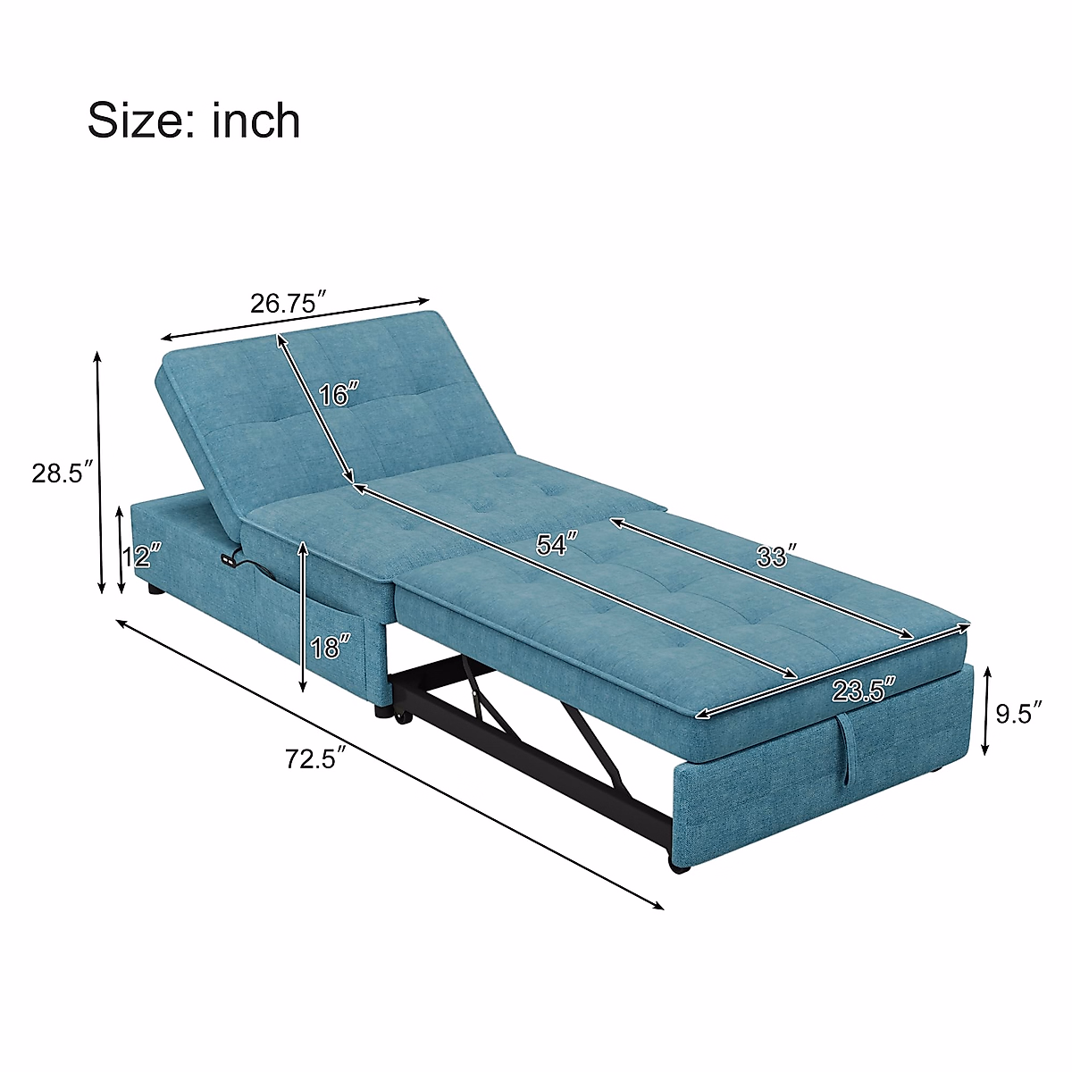 NicBex Pull-Out Sofa Practical Sofa Bed with Storage Folding Chair Bed Convertible Chair to Bed with Storage Pocket and USB Port for Small Room Apartment, Living Room, Teal