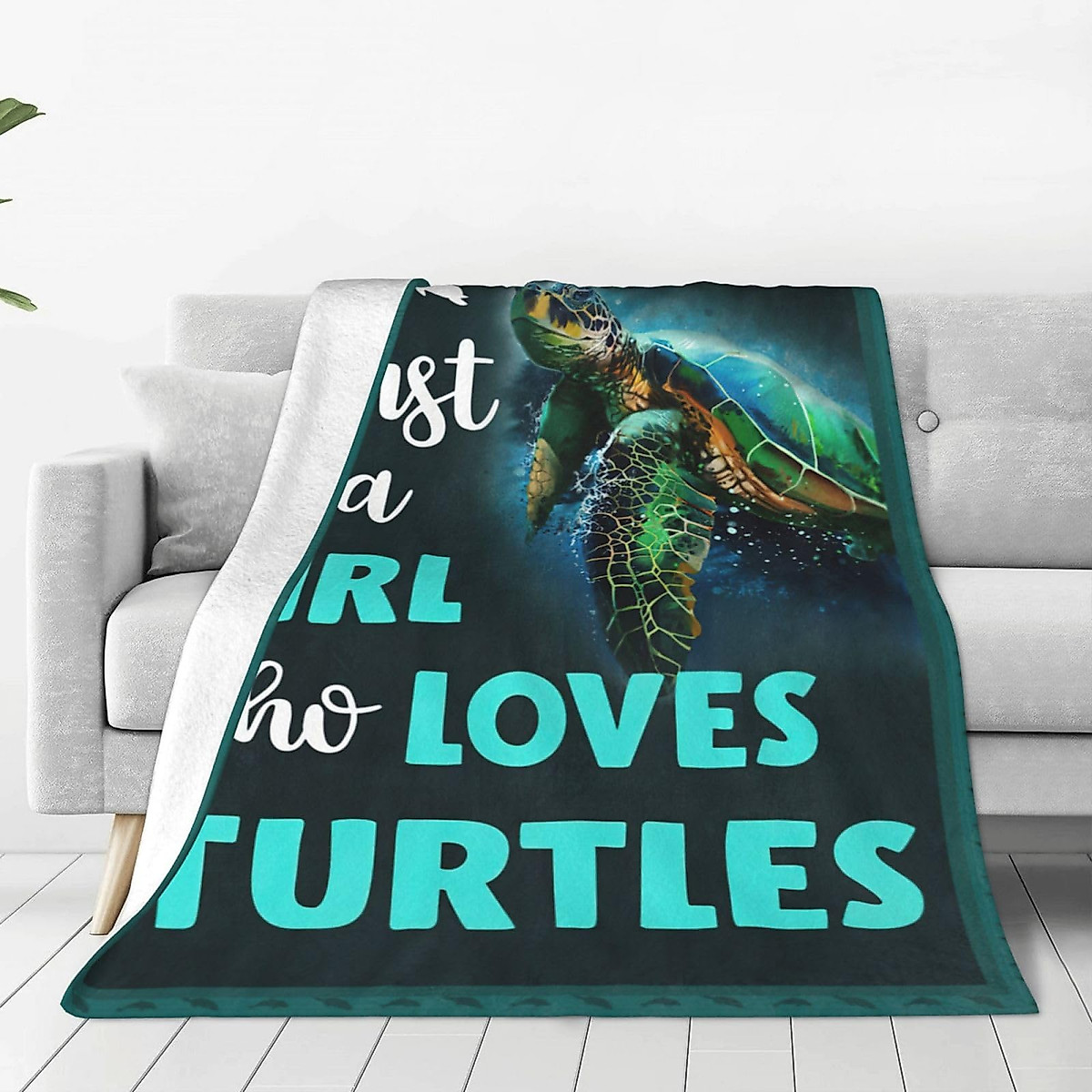 Just A Girl Who Loves Turtles Blanket Teal Sea Turtle Decor Throw Blanket Gifts for Girls Boys Super Warm Soft Plush Lightweight Fleece Flannel Blanket Bedding Blanket for Kids Adults Women 60"X50"
