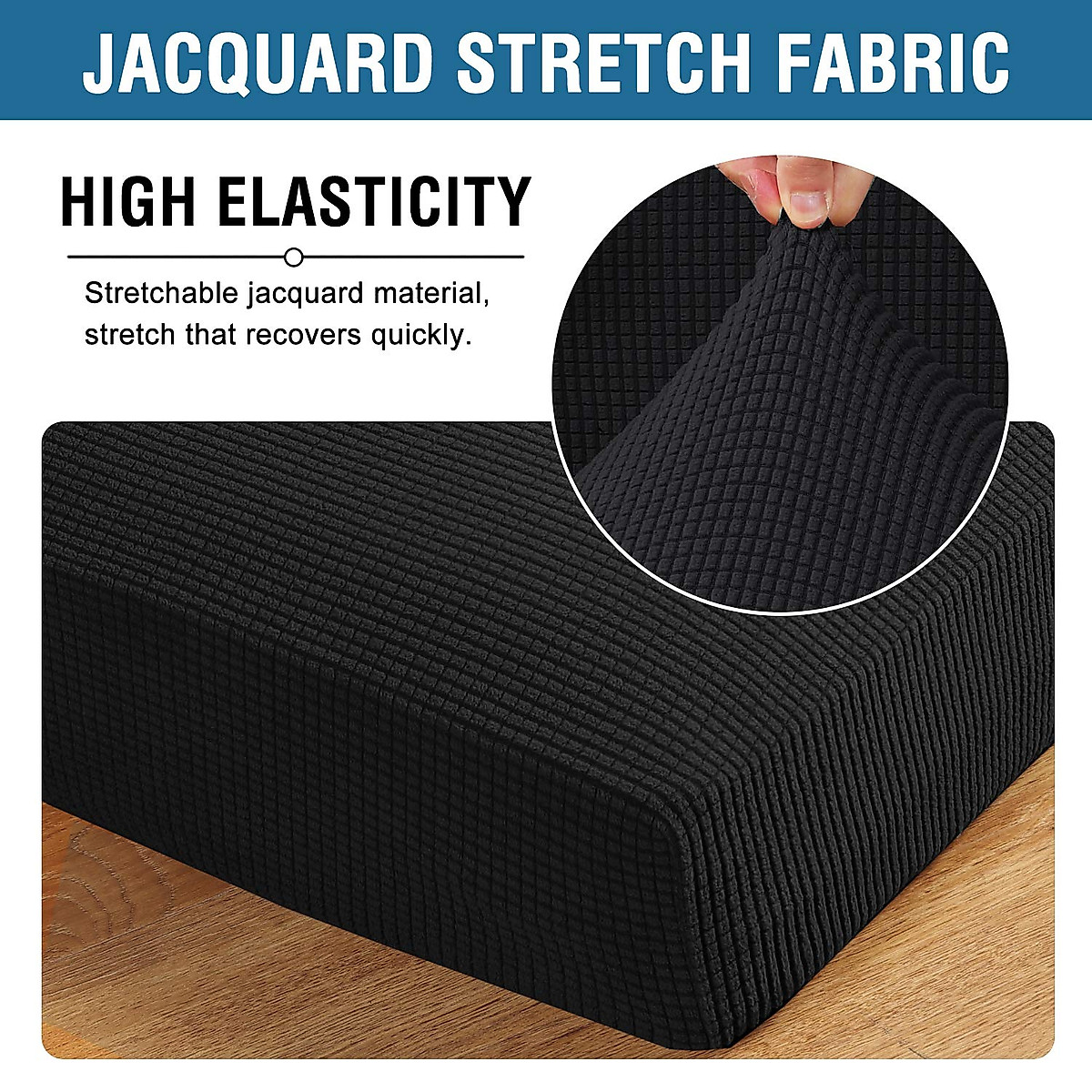 H.VERSAILTEX Super Stretch Individual Seat Cushion Covers Sofa Couch Slipcover Sets Thick Jacquard Textured Twill Fabric (3 Piece Covers, Black)