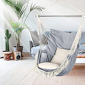 Chihee Hammock Chair Hanging Seat 2 Pillows Included,Durable Stainless Steel Spreader Bar Portable Hanging Chair Side Pocket Large Macrame Chair Set Quality Cotton Weave for Comfort Indoor Outdoor