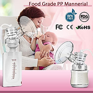 Double Electric Breast Pump with 10 Breastmilk Storage Bags, 2 Flanges and Milk Extractor, Breastfeeding Pump with 4 Modes, 9 Levels, Portable Breast Pump Strong Suction Power, Quiet, Pain Free（Pink）