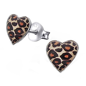 Heart Leopard Stud Earrings Small Sterling Silver 925 (E19916)