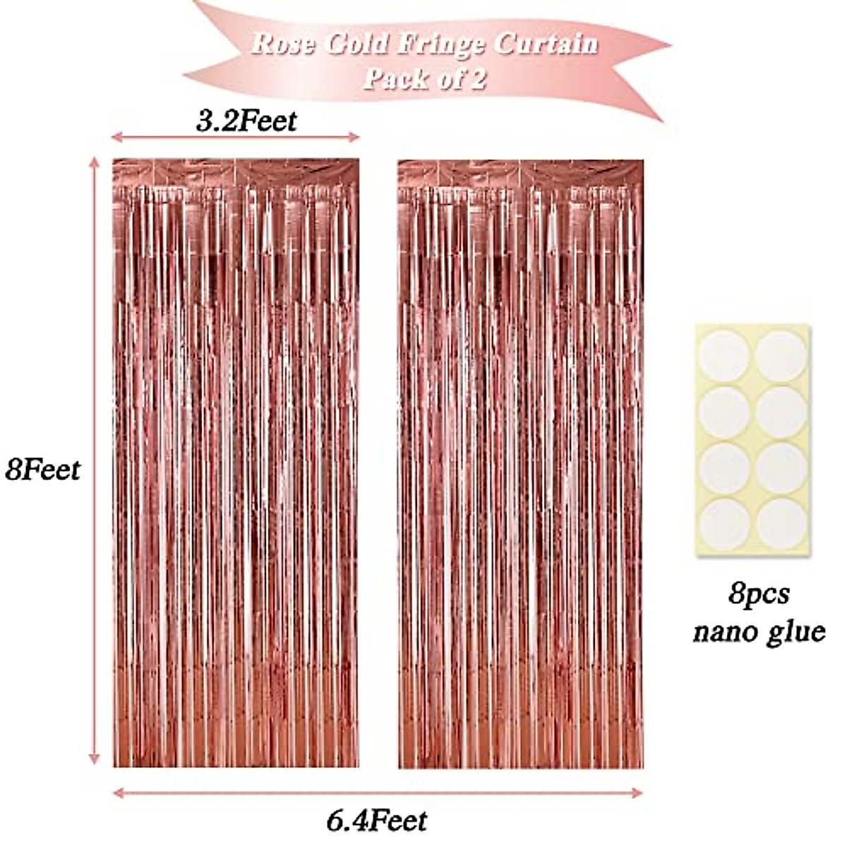 RUBFAC Rose Gold Foil Fringe Curtain, 6.4x8 Feet, Pack of 2, Metallic Rose Gold Streamers, Rose Gold Backdrop for Party Decorations for Birthday Decor Bachelorette Wedding Princess Party Graduation
