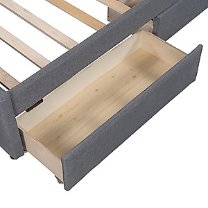 HZSSDTKJ Twin Size Linen Upholstered Platform Bed with Headboard and 2 Storage Drawers, Wooden Daybed Frame with Slat Support for Kids Teens Girls Boys Adults, No Box Spring Needed (Gray-04, Twin)